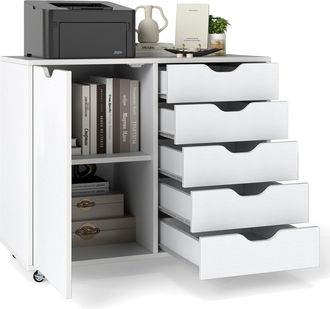 Giantex Rollcontainer mit 5 Schubladen & Schrank, Aktenschrank mit Rollen, Schubladenschrank Holz, Druckertisch für Zuhause & Büro, 78 x 40 x 65 cm (Weiß, 5 S