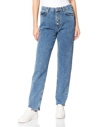 NA-KD Damen Jeans mit Knopfverschluss Straight Denim Gr. 38, Mittelblau