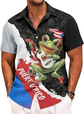 Generic Chemise hawa&iuml;enne pour homme, grenouille drapeau de Porto Rico | Chemise d&eacute;contract&eacute;e boutonn&eacute;e d&eacute;t&eacute; imprim&eacute;e | &Agrave; porter au quotidien, Vacances Puerto