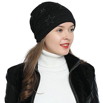 DonDon Bonnet Femme Hiver Slouch Beanie doublé avec Strass étoiles - Noir