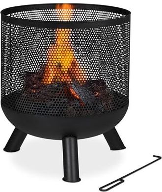 Relaxdays Feuerkorb, Mesh Design, Feuerrost, Sch&uuml;rhaken, Feuer im Garten, Feuertonne, Stahl, HxD: 53 x 44 cm, schwarz
