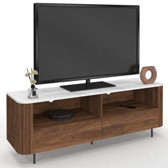 IDMarket 140 Cm Marla Mobile Tv Effetto Doghe In Noce Con 2 Cassetti E Piano In Marmo Bianco Alaska