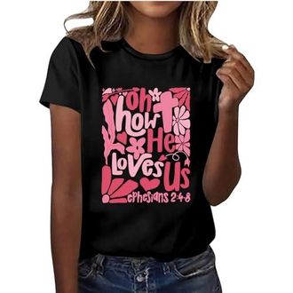 Generic T-shirt d&eacute;contract&eacute; &agrave; manches courtes et col rond imprim&eacute; coeur pour femme 2026 Saint-Valentin, Noir, XL