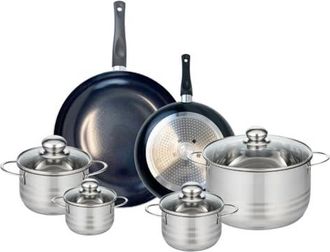 Fackelmann ELO 9736750 Batterie de cuisine 6 pièces, Ensemble de 2 Poêles de cuisson 24 et 32 cm et 4 faitouts 12, 14, 16 et 24 cm Elo Prima Brillant, inox, indu