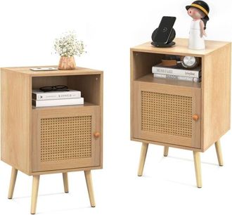 Costway Table de Chevet avec Porte Cannage et Pieds en Bois Massif, Table de Nuit Bohême, Fermeture Silencieuse, Table dAppoint ave pour Salon, Chambre, 40