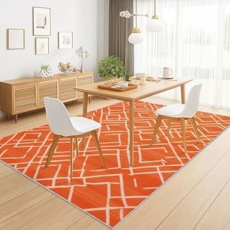 Generic Couleur Orange Lavable en Machine Tapis Salon Plantes ray&eacute;es Lignes entrelacement, 120 x 180 cm Doux Tapis de Sol Pelucheux Dessous Antid&eacute;rapant, Entr