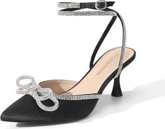 Dream Pairs Escarpins Femme Petit Talon Slingback &Agrave; Bout Pointu avec Noeud Strass Et Bride Cheville - Chaussures De Soir&eacute;e Mariage C&eacute;r&eacute;monie,Size 38,Noir,DWUMPU25
