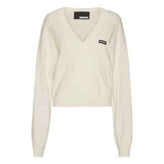 Rotate Rotate Birger Christensen, Femme, Pulls, Beige, Taille: 36 FR Pull en Tricot Col V avec Application Logo