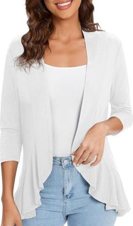 Generic Cardigan léger décontracté pour femme, volants doux, manches 3/4, volants décontractés, couleur unie, blanc, XXL