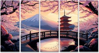 Islandburner Prime Bild auf Leinwand Japanische Landschaft mit Kirschblüten und Pagode für Wohnzimmer Japanliebhaber Japanisches Bilder Wandbilder Poster