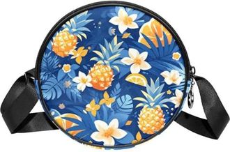 Generic Sac &agrave; bandouli&egrave;re rond pour femme, motif fleurs dananas avec fermeture &eacute;clair, bretelles r&eacute;glables, sac &agrave; main rond d&eacute;contract&eacute; pour femmes et filles