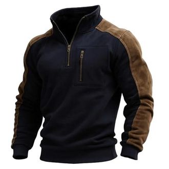 Generic Sweat-shirt en polaire vintage &agrave; manches longues avec fermeture &eacute;clair quart de tour pour homme, Noir, XXL