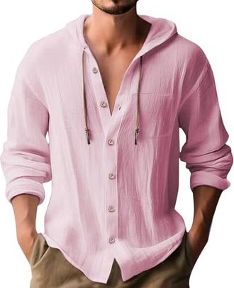 Generic Sweat à capuche léger en coton et lin pour homme pour lété confortable à manches longues, couleur unie, pull à capuche avec cordon de serrage, pull à 