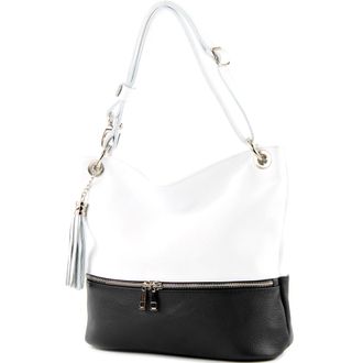 modamoda.de T143 - ital. Leder Schultertasche Umh&auml;ngetasche, Farbe:Wei&szlig;/Schwarz