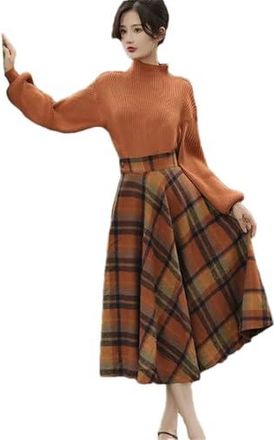 Generic Ensemble 2 pi&egrave;ces vintage &agrave; carreaux pour femme - Pull en tricot gracieux - Jupe taille haute, Set, S