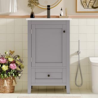 Generic Waschtisch mit Waschbecken Grau 51 cm Badm&ouml;bel Set Stehend f&uuml;r G&auml;ste WC & Kleines Bad Badezimmerschrank Keramik Volllackiert Softclose Schublade & T&uuml;r