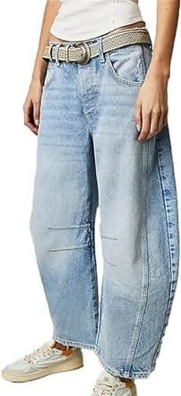 Generic Femmes Bucket Fer &agrave; Cheval Cheville Jeans Pantalons Taille Moyenne Ample Jambes Larges Boyfriend Bucket Jeans