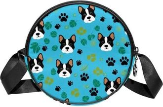 Generic Petit sac &agrave; bandouli&egrave;re circulaire pour femme, motif pattes de chiens, feuilles, sac &agrave; dos &agrave; bandouli&egrave;re avec fermeture &eacute;clair, bretelles r&eacute;glables, s