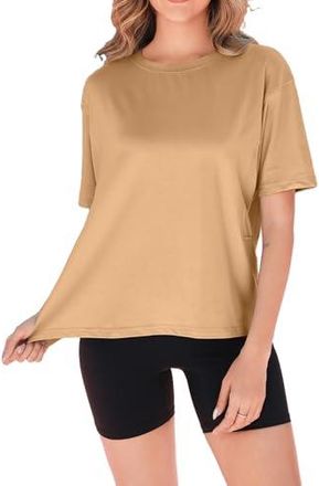 Zeagoo Femme T-Shirt Sport Manches Courtes Oversize Casual Top Basic Col Rond Eté Kaki XL