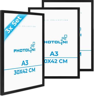 Photolini Bilderrahmen A3 Schwarz Holz MDF, 3er Set A3 Bilderrahmen 30x42 Holz MDF, DIN A 3 Rahmen mit Acrylglas, Picture Frame 42x30 zum Aufhängen, Rahmen 42 x