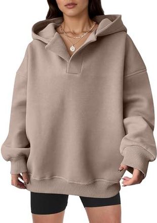 Generic Sweat &agrave; capuche surdimensionn&eacute; &agrave; col en V pour femme - Pull en polaire &agrave; manches longues - V&ecirc;tements Y2K - Tenue tendance automne 2025, caf&eacute;, XXL