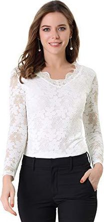 Allegra K Femmes Chemisier Dentelle Florale Col V Manches Longues Dentelle Bordure Festonnée déguisement Costume dhalloween Blanc S