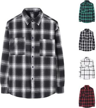 Generic Chemise &agrave; carreaux &agrave; manches longues pour homme, coupe droite, confortable, coupe droite, haut &agrave; revers tendance avec poches, b&ucirc;cheron classique, d&eacute;co