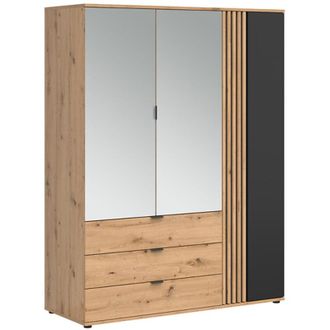 PEGANE Armoire &agrave; 3 portes et 3 tiroirs avec miroir,coloris Ch&ecirc;ne artisan/Noir - Longueur 150,5 x Profondeur 56 x Hauteur 195,5 cm