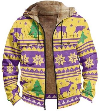 Generic Manteau festif imprimé de Noël pour homme, veste à capuche doublée en polaire chaude avec poches, vêtements de fête de vacances, jaune, 4XL