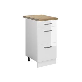 Vicco Meuble Cuisine R-Line, Blanc Haute Brillance/Blanc, 40 cm avec tiroirs, PT Ch&ecirc;ne