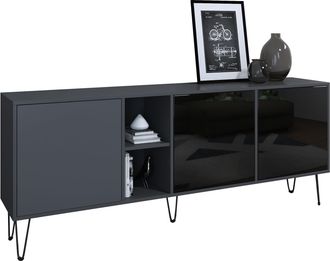 Vladon Sideboard Havana, TV-Schrank mit 3 Türen und 2 offene Fächer, Kommode Made in Germany, Anthrazit matt/Schwarz Hochglanz (181,5 x 73 x 35 cm)