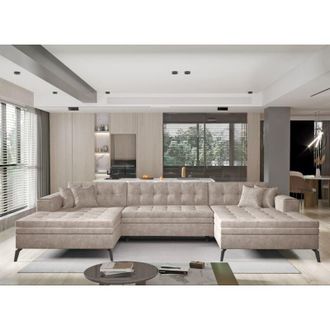 Les Tendances Canapé panoramique convertible en tissu ROMY - Pieds métal noir-Beige clair vintage