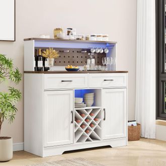 Generic Bauernhaus-Kaffeebarschrank mit LED-Licht, Hoher Küchenstall für die Aufbewahrung Im Esszimmer, MDF-Stahl