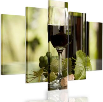 Feeby Leinwandbild - 5 Teile - Bilder, Wand Bild, Wandbilder, Kunstdruck XXL, 5-Teilig, Typ A, 100x70 cm, STILLEBEN, NATUR, KÜCHE, WEIN, GLAS, KORK, TRAUBE 