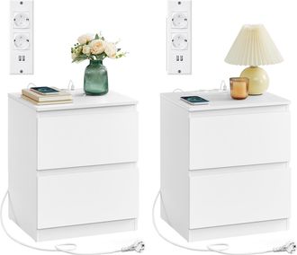 Vasagle Kailyn Kollektion - Nachttisch mit Steckdosenleiste, 2er Set, Beistelltisch 2 Schubladen, 2 AC-Steckdosen, 2 USB-A-Anschl&uuml;sse, f&uuml;r Schlafzimmer, wolke