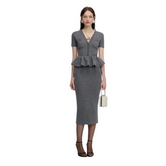 Self Portrait Femme, Pulls, Gris, Taille: 38 FR Peplum Knit Midi Dress