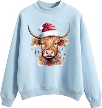 Generic Sweat-shirt &agrave; manches longues et col rond imprim&eacute; vache de No&euml;l pour femme, bleu clair, XXL