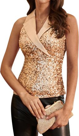 Grace Karin Damen Elegant V-Ausschnitt Slim Fit Tank Tops Festlich Ärmellos Glitzer Pailletten Tops Party Cocktail Bluse Gold-Pailletten S