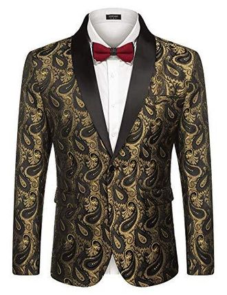 Coofandy Coofandy Mens Floral Tuxedo Jacket Paisley Shawl Lapel Suit Blazer Jacket for Dinner,Prom,Wedding Golden