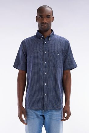 Eden Park Chemise À Manches Courtes À Microcarreaux En Coton Indigo Coupe Droite