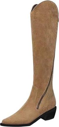 Generic Bottes de cowboy pour femme, couleur unie, bout pointu, bottes déquitation à talon bloc, chaussures de mariage en faux daim, bottes western mi-mollet 