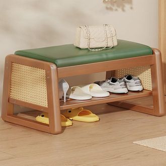 Generic Schuhbank Aus Massivholz-Rattan Mit Kissen - 2-stufiger Aufbewahrungs-Organizer for Den Eingangsbereich(Walnut a,39.4 * 13.8 * 15.7in)