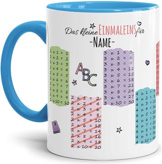 Tassendruck Tasse mit Spruch - 1. Klasse - Geschenk zur Einschulung mit dem kleinen Einmaleins - mit Wunschnamen Personalisieren - Keramiktasse Innen & Henkel Hel