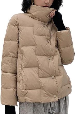 Generic Manteau court matelass&eacute; l&eacute;ger pour femme, manteau dhiver d&eacute;contract&eacute; &agrave; col montant, coupe ample, kaki, L