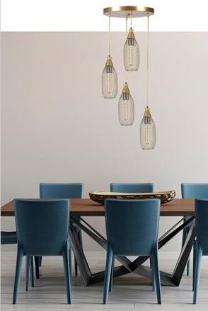 Opviq Elegant Gold Chandelier, Adjustable Height 70 cm, Metal Body with Antique Coating, 12 cm Cap Diameter, E27 Socket, Perfect for Modern Spaces