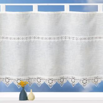 Heimtexland Scheibengardine Makramee Borte Landhaus Gardine Leinen-Optik Natur Kurzstore Schlaufen Bistrogardine Fensterdeko Spitze Ecru Typ896