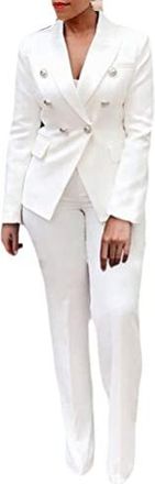 Minetom Tailleur Femme 2 Pièces Elegant Slim Fit Blazer Veste Formel Bureau Travail Pantalon Costumes D Blanc 42