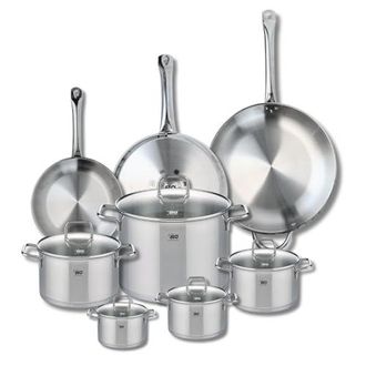 Fackelmann ELO 9513850 Batterie de cuisine 8 pièces, Ensemble de 3 Poêles de cuisson 24, 28 et 32 cm et 5 faitouts 12, 14, 16, 20 et 26 cm Elo Profi Citrin, inox