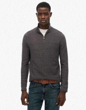 Superdry Pullover aus strukturierter Baumwolle in Schwarz und Dunkelgrau mit kurzem Rei&szlig;verschluss