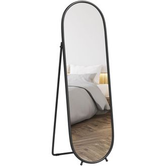 HOMCOM Grand miroir sur pied HOMCOM miroir ovale, cadre en m&eacute;tal noir, avec support pour entr&eacute;e, chambre, dressing, 40 x 160 cm